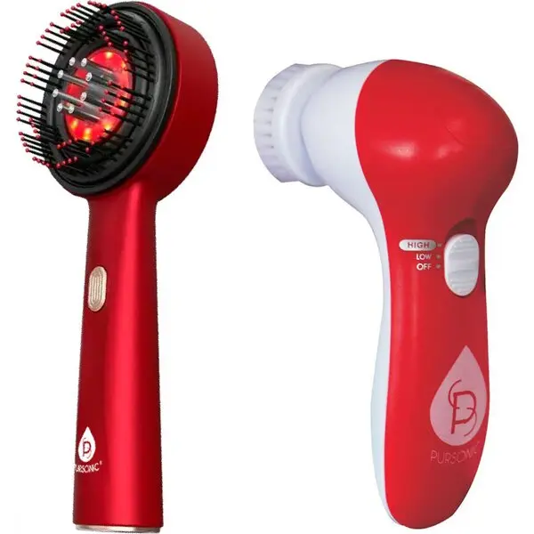 PURSONIC Light Led Scalp & Hair Therapy Brush & Advanced Facial Cleansing - Red