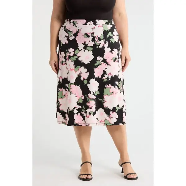 KASPER Floral Print Knit Flared Skirt - Black Multi