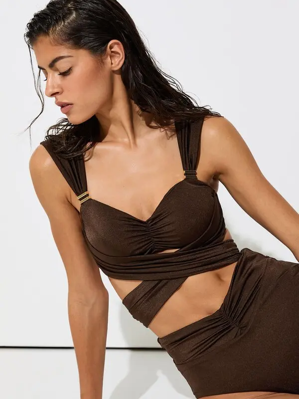 REISS Maisie Wrap-around Bikini Top - Chocolate Brown