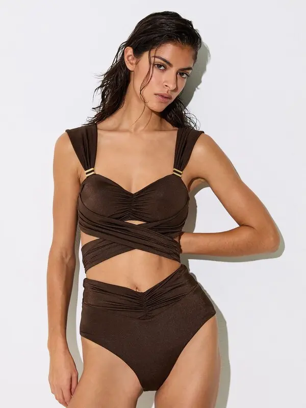REISS Maisie High-waisted Ruched Bikini Bottoms - Chocolate Brown