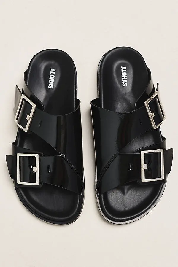 ALOHAS Alba Double Buckle Slide Sandals - Black
