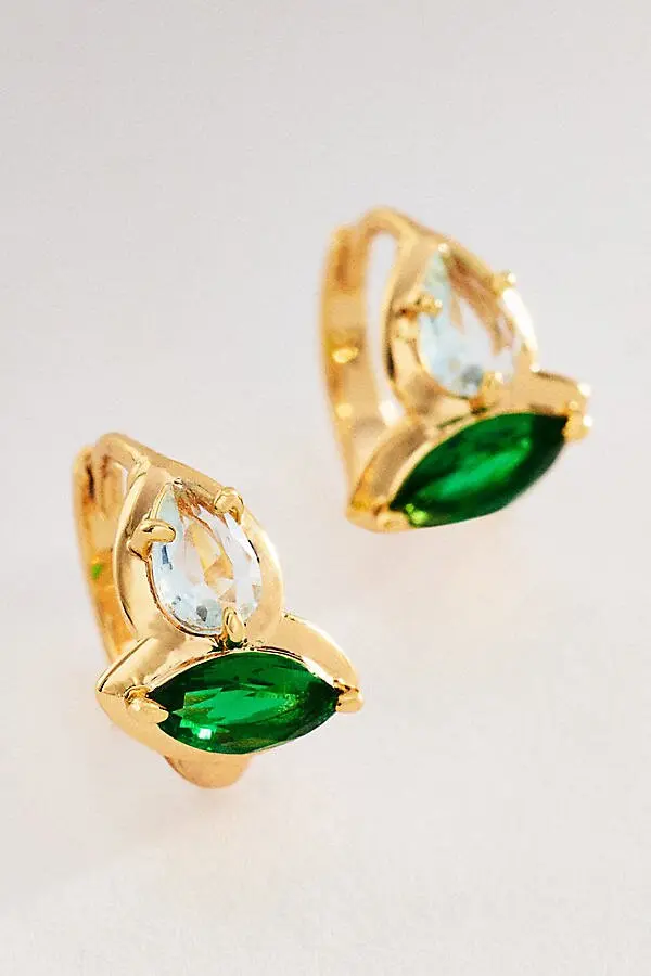 Anthropologie Double Stone Huggie Hoop Earrings - Green