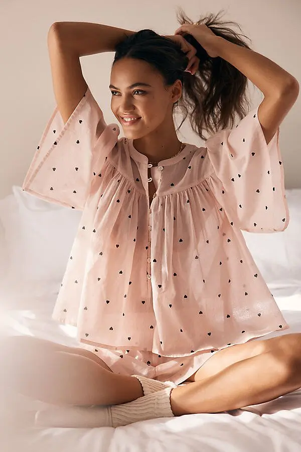 PAPINELLE Hearts Gathered Boxer Pajama Set - Pink
