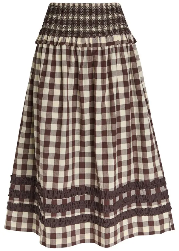 DAMSON MADDER Checked Ruffled Cotton Midi Skirt - Black
