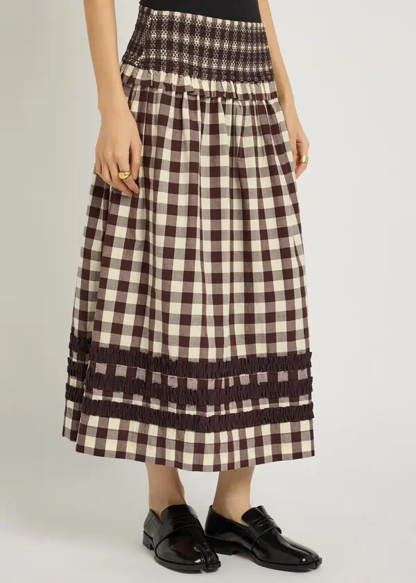 DAMSON MADDER Checked Ruffled Cotton Midi Skirt - Black