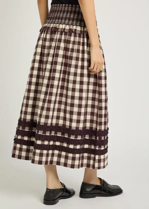 DAMSON MADDER Checked Ruffled Cotton Midi Skirt - Black