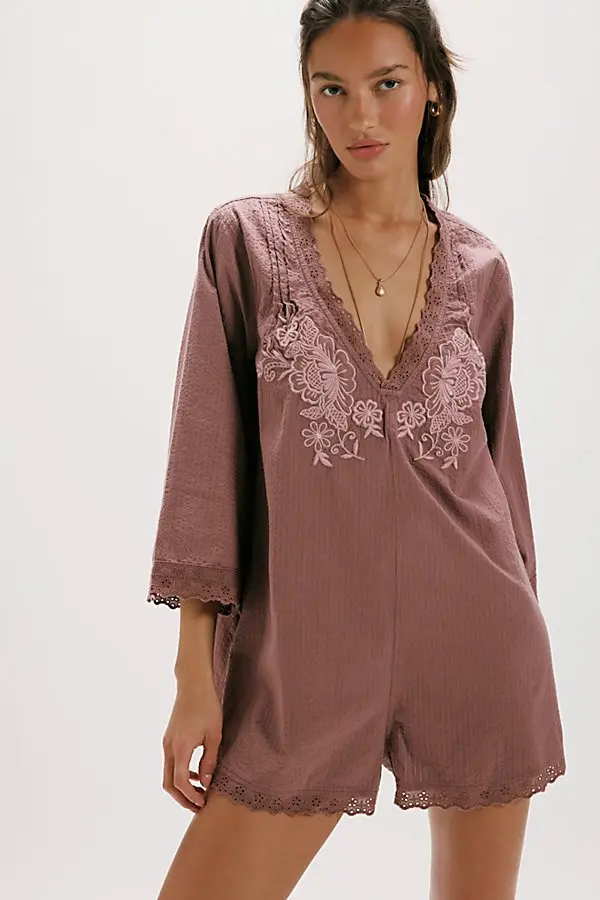 Free People Cawley Embroidered Romper - Elderberry Tea