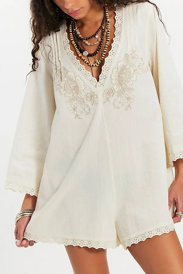 Free People Cawley Embroidered Romper - Whisper White
