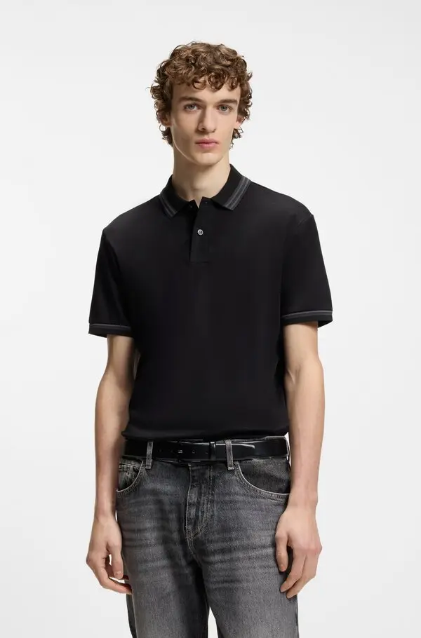 BOSS Contrast-tipping Slim-fit Polo Shirt In Mercerised Cotton - Black