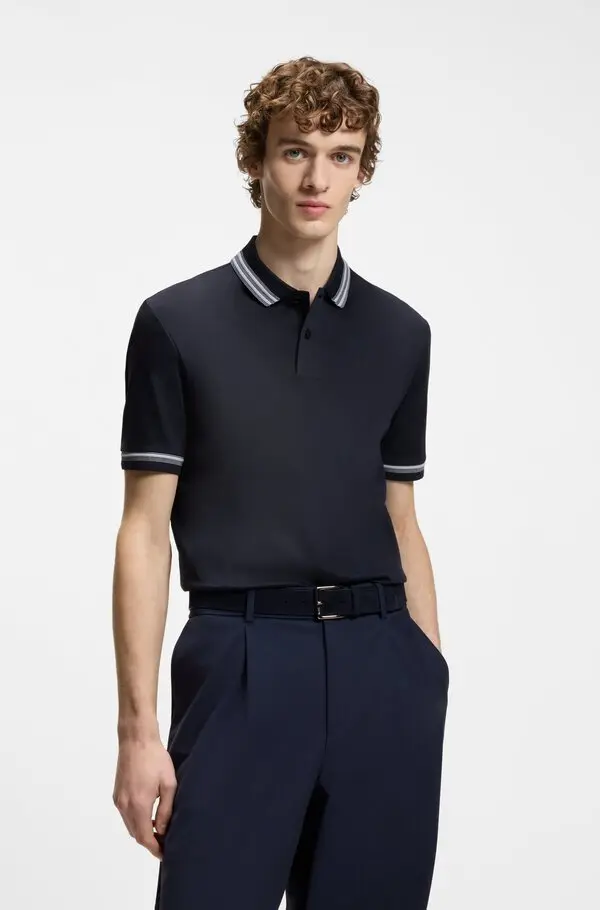 BOSS Contrast-tipping Slim-fit Polo Shirt In Mercerised Cotton - Dark Blue