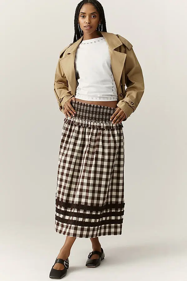 DAMSON MADDER Ava Organic Cotton Smocked Midi Skirt - Multi Plaid