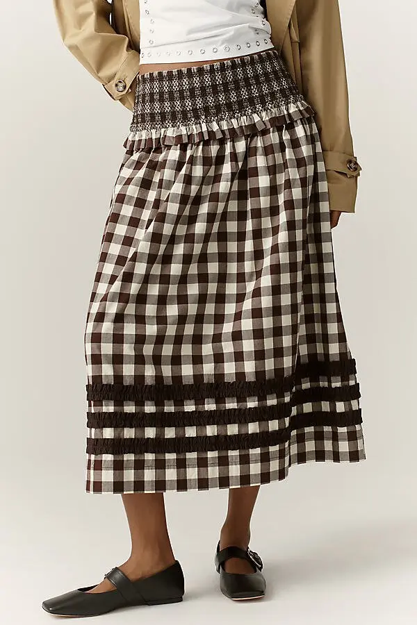 DAMSON MADDER Organic Cotton Smocked Midi Skirt - Multi Plaid