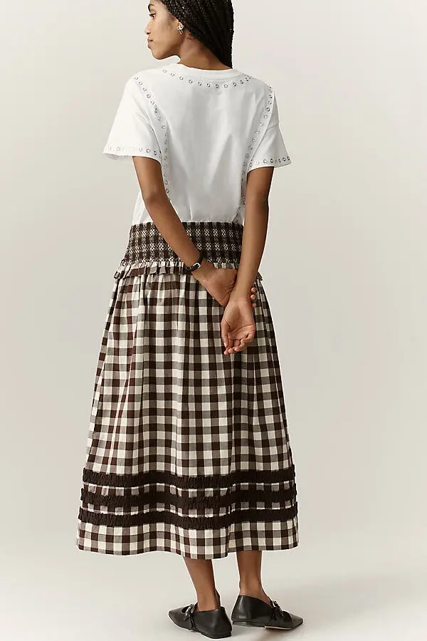 DAMSON MADDER Organic Cotton Smocked Midi Skirt - Multi Plaid