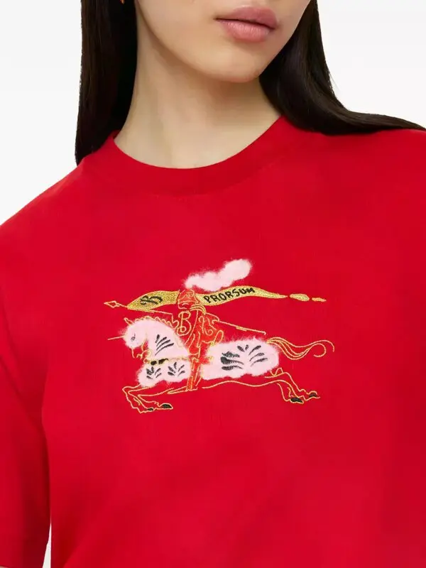 Burberry Embroidered Cotton T-shirt - Red