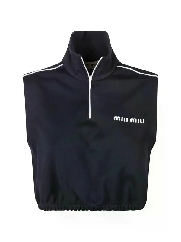 Miu Miu Quarter Zip Cropped Vest With Contrast Piping And Embroidered Logo