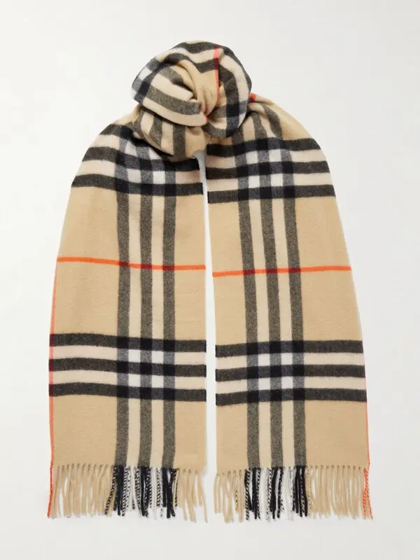 Burberry Fringed Checked Cashmere Scarf - Neutrals