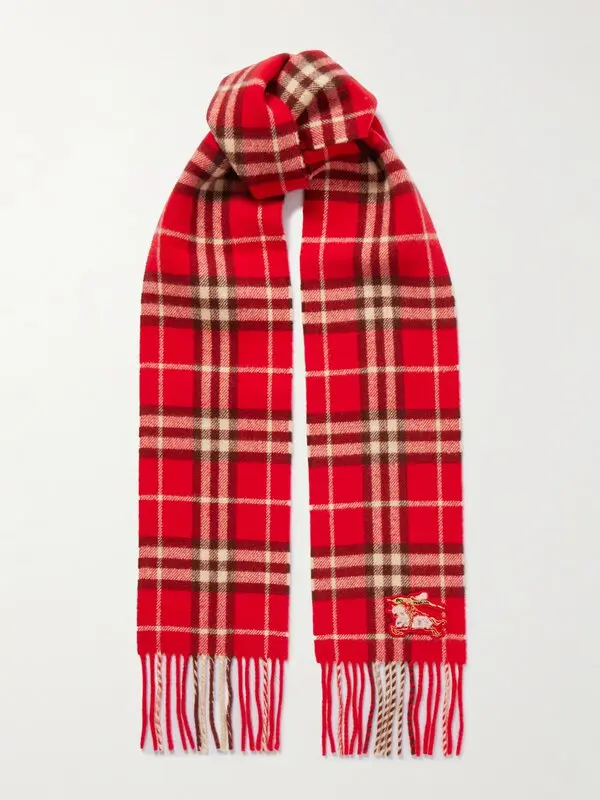Burberry Appliquéd Fringed Metallic Checked Cashmere-blend Scarf - Red