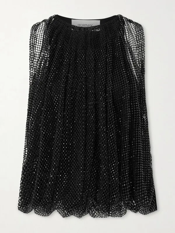 Sportmax Ruched Crystal-embellished Mesh Top - Black