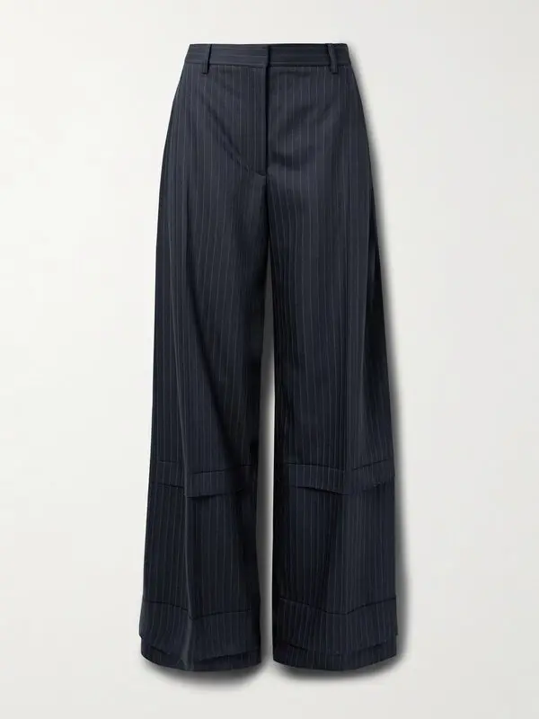 Khaite Linden Tiered Pinstriped Herringbone Twill Wide-leg Pants - Blue