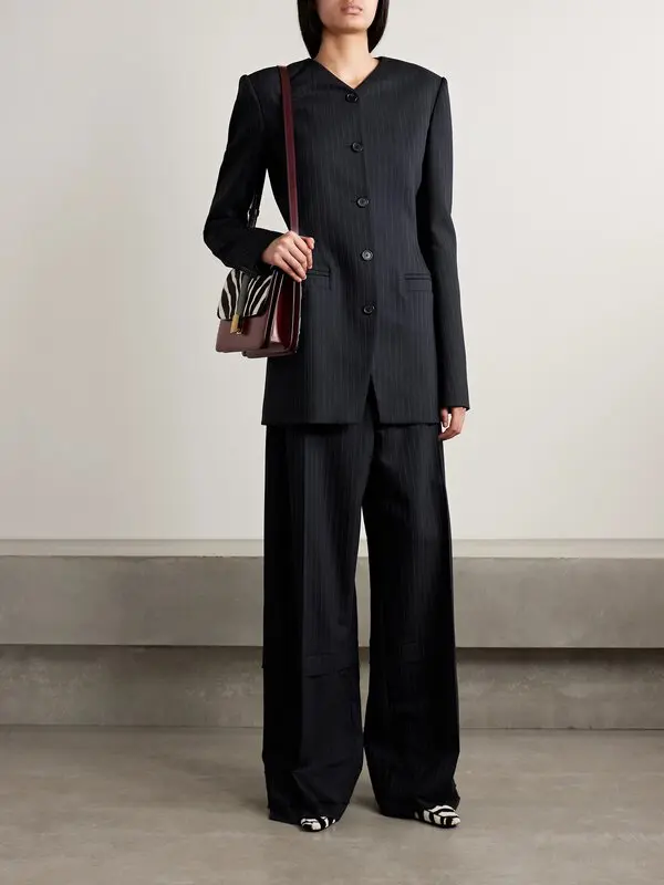 Khaite Linden Tiered Pinstriped Herringbone Twill Wide-leg Pants - Blue