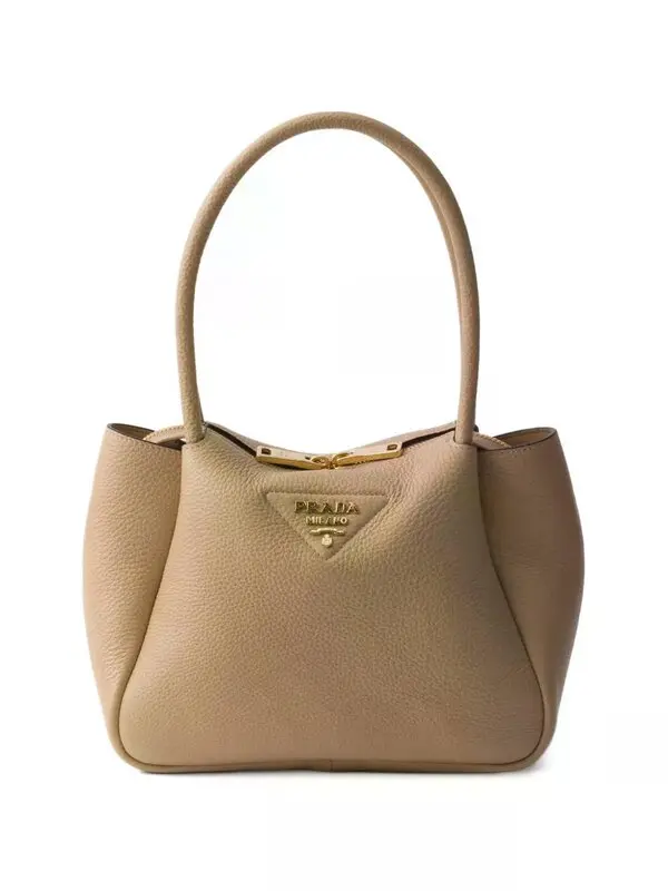 Prada Leather Tote Bag With Logo Detail - Neutrals