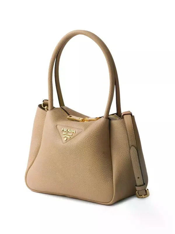 Prada Leather Tote Bag With Logo Detail - Neutrals