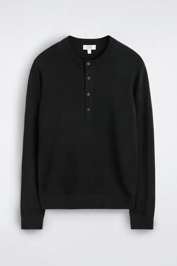Cos Slim Merino Wool Henley Top - Black