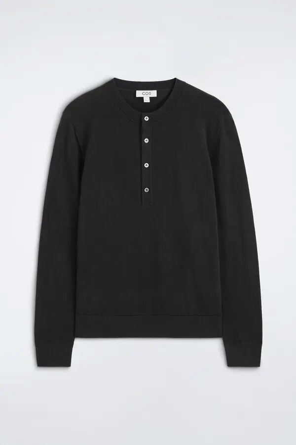 Cos Slim Fit Merino Wool Henley Top - Black