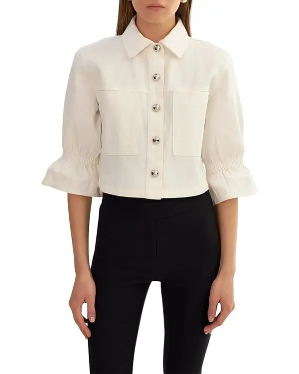LAMARQUE Ruffle Sleeve Denim Jacket - White