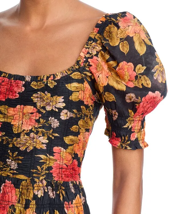 Aqua Adelaide Floral Smocked Short Sleeve Midi Dress - exclusive - Black Multi - XXS