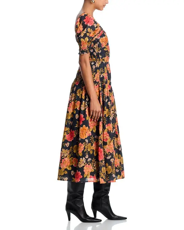 knee length dresses for ladies Cecilia 100% Cotton Smocked Maxi Dress in Aqua Foliage main image 0