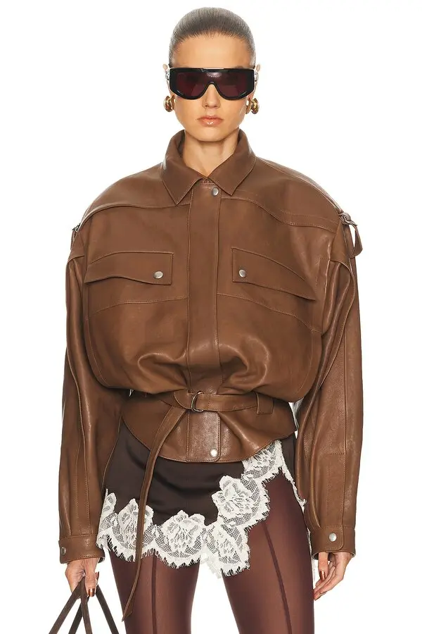 Magda Butrym Belted Leather Bomber Jacket - Beige