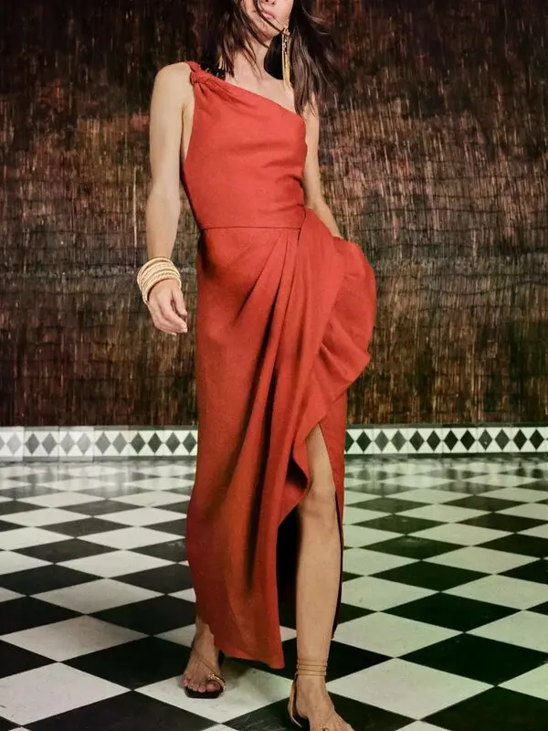 red midi dress one shoulder Vestido Midi de Un Hombro - Rojo