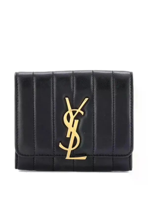 Saint Laurent Vicky Flap Wallet Vertical Quilted Leather Compact Small Wallets - Black