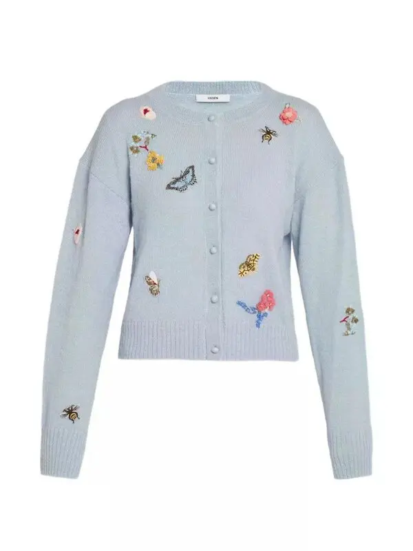 Erdem Floral-embellished Crew-neck Cardigan - Blue