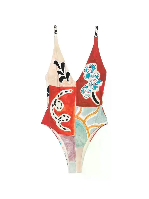 ALEMAIS Printed V-neck One-piece Swimsuit - Red