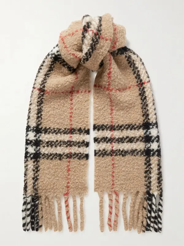 Burberry Fringed Checked Alpaca And Wool-blend Bouclé Scarf - Neutrals