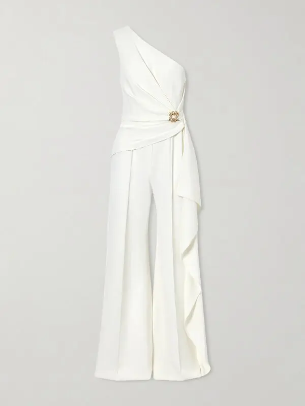 Elie Saab One-shoulder Embellished Cady Jumpsuit - White