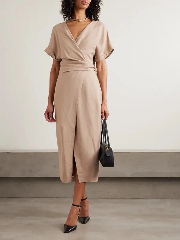 Brunello Cucinelli Bead-embellished Woven Midi Wrap Dress - Neutrals
