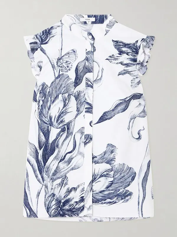 Erdem Ruffled Floral-print Cotton-poplin Blouse - Neutrals