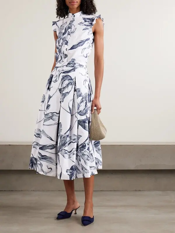 Erdem Ruffled Floral-print Cotton-poplin Blouse - Neutrals