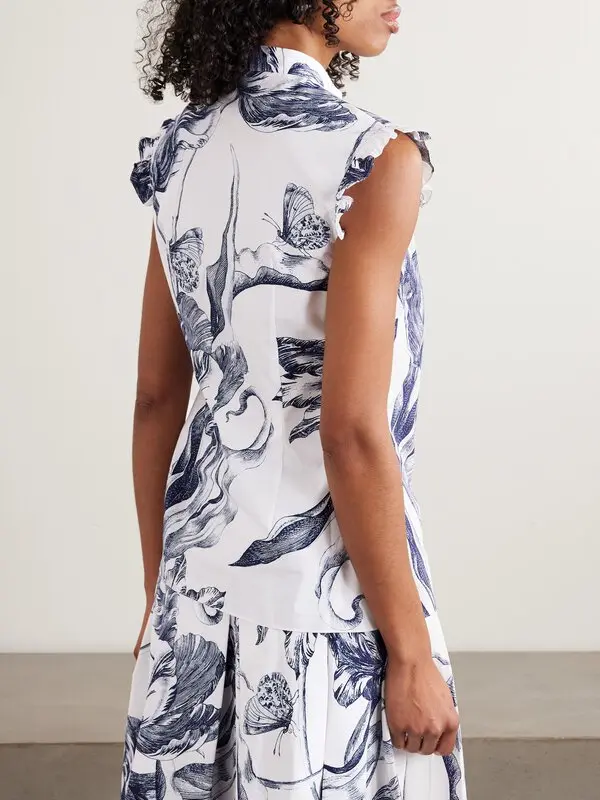 Erdem Ruffled Floral-print Cotton-poplin Blouse - Neutrals