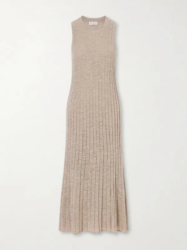 Brunello Cucinelli Metallic Ribbed-knit Midi Dress