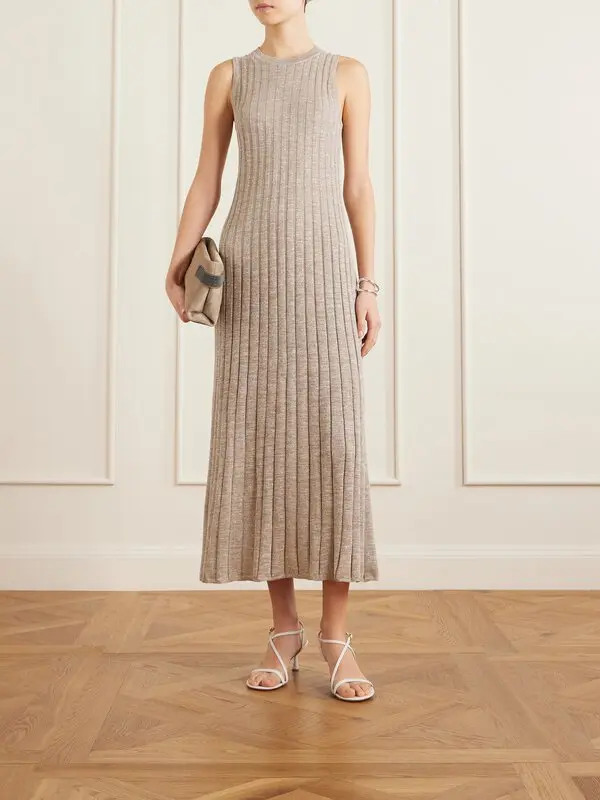 Brunello Cucinelli Metallic Ribbed-knit Midi Dress