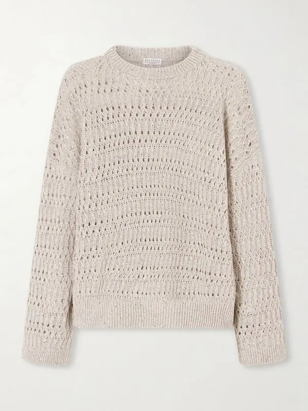 Brunello Cucinelli Sequined Open-knit Linen-blend Sweater