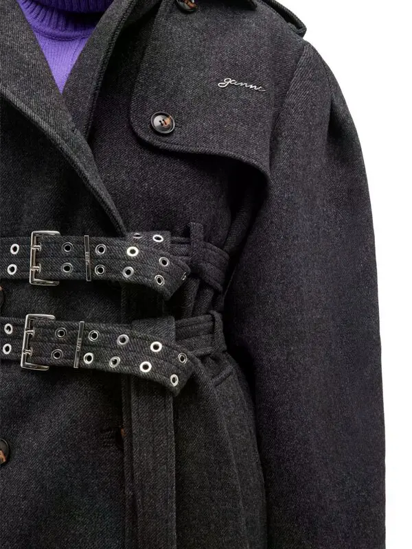 GANNI Belted Double-breasted Coat - Grey