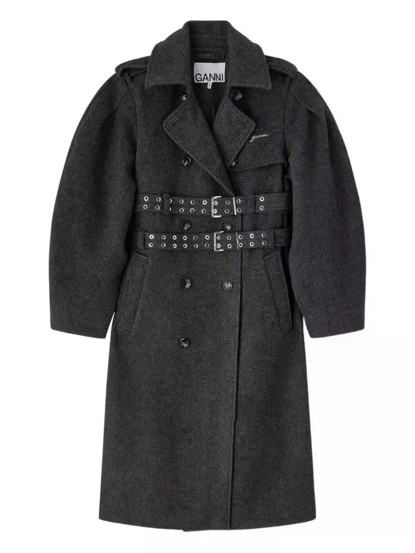 GANNI Belted Double-breasted Coat - Grey