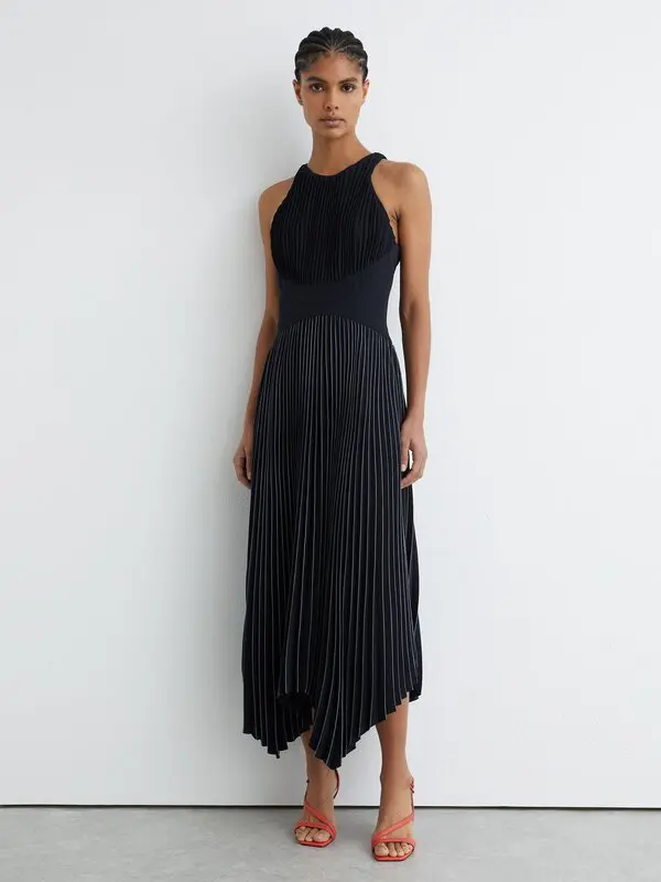REISS Rachel Pleated Sleeveless Midi Dress - Navy