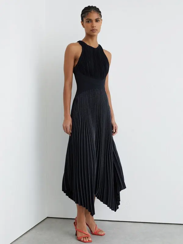 REISS Rachel Pleated Sleeveless Midi Dress - Navy