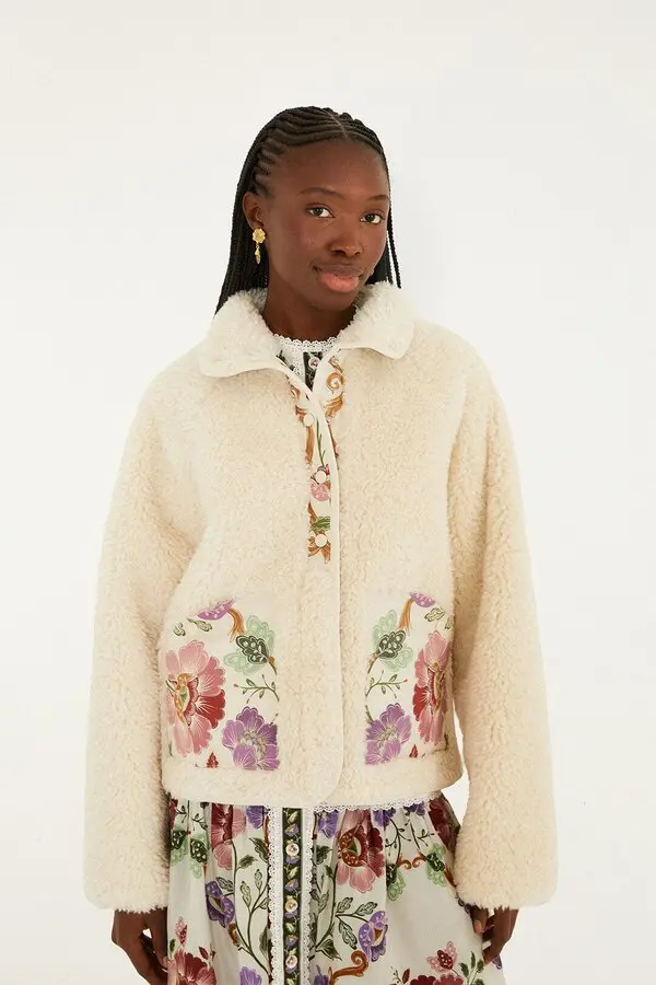Farm Rio Rococo Flowers Fleece Bomber Jacket